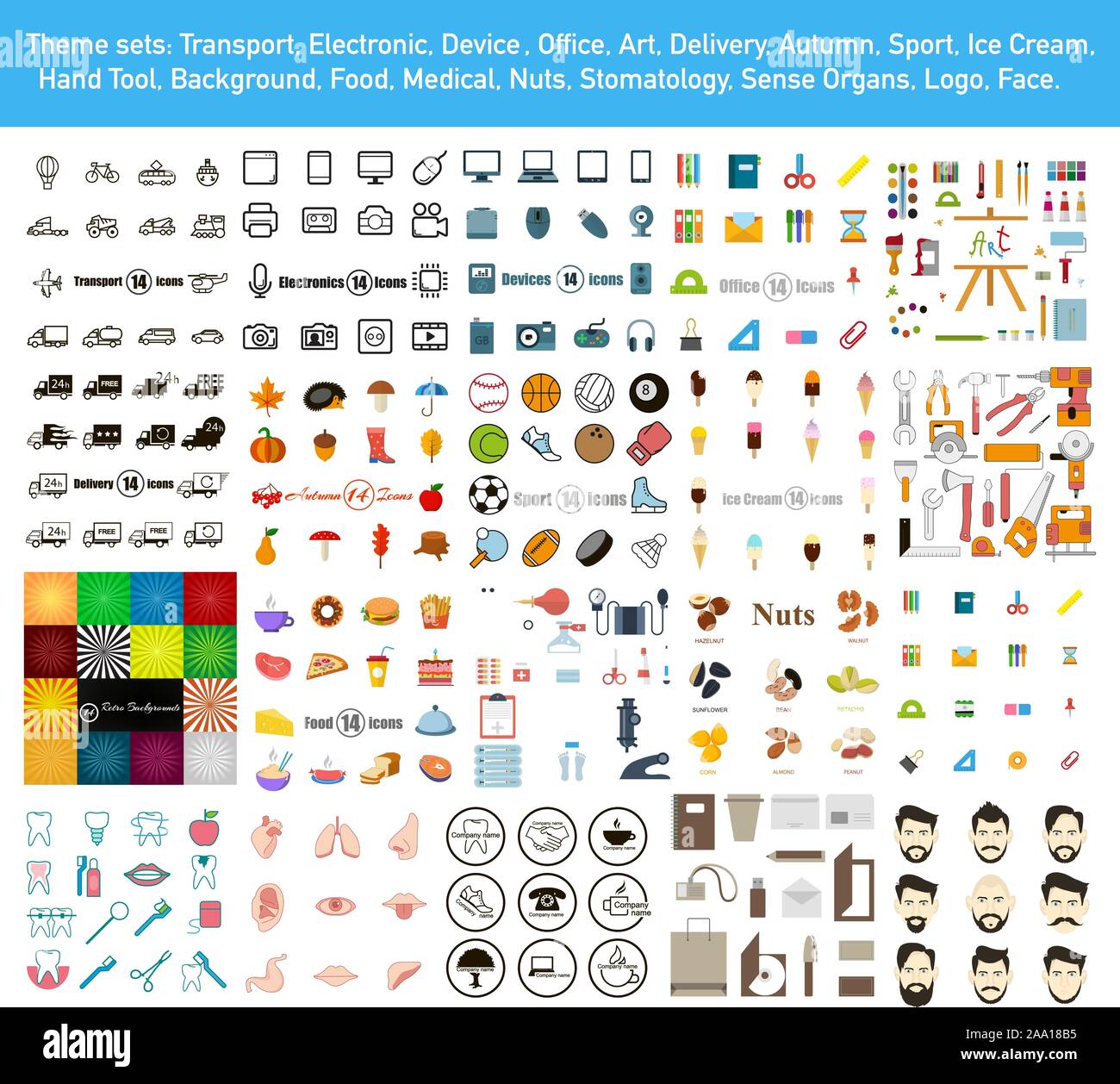 Mega set with icons and backgrounds in flat style. Vector illustration ...