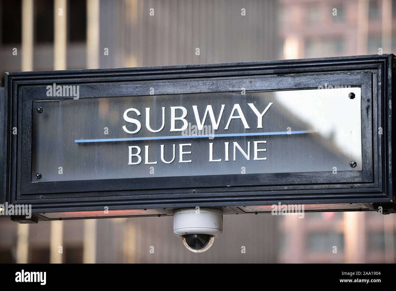 Chicago, Illinois, USA. A subway entrance sign along the CTA Blue Line ...