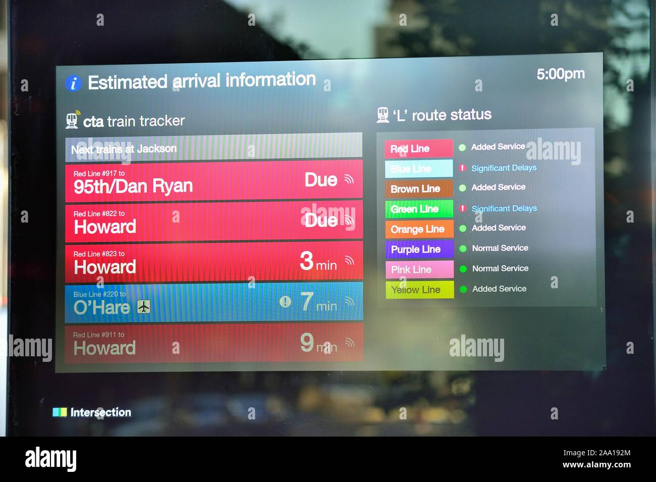 Chicago, Illinois, USA. A train arrivall and route information board at ...