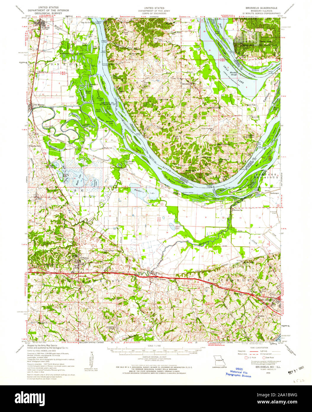 USGS TOPO Map Missouri MO Brussels 324765 1954 62500 Restoration Stock ...