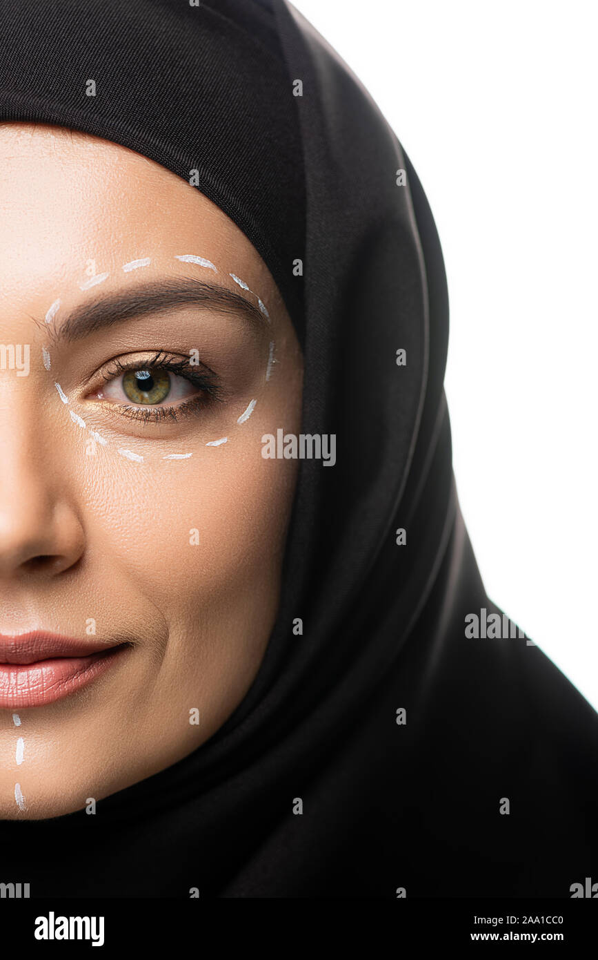 cropped view of young Muslim woman in hijab having marks on face for ...