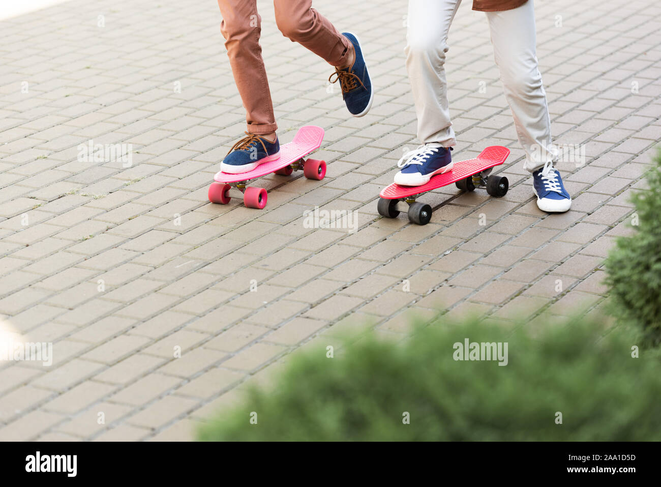 cropped view of two boys riding penny boards on pavement Stock Photo ...