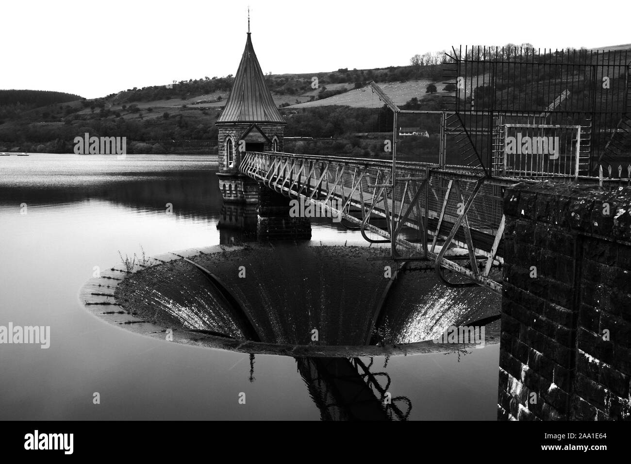 Pontsticill Reservoir bell-mouth spillway and valve tower Powys South ...