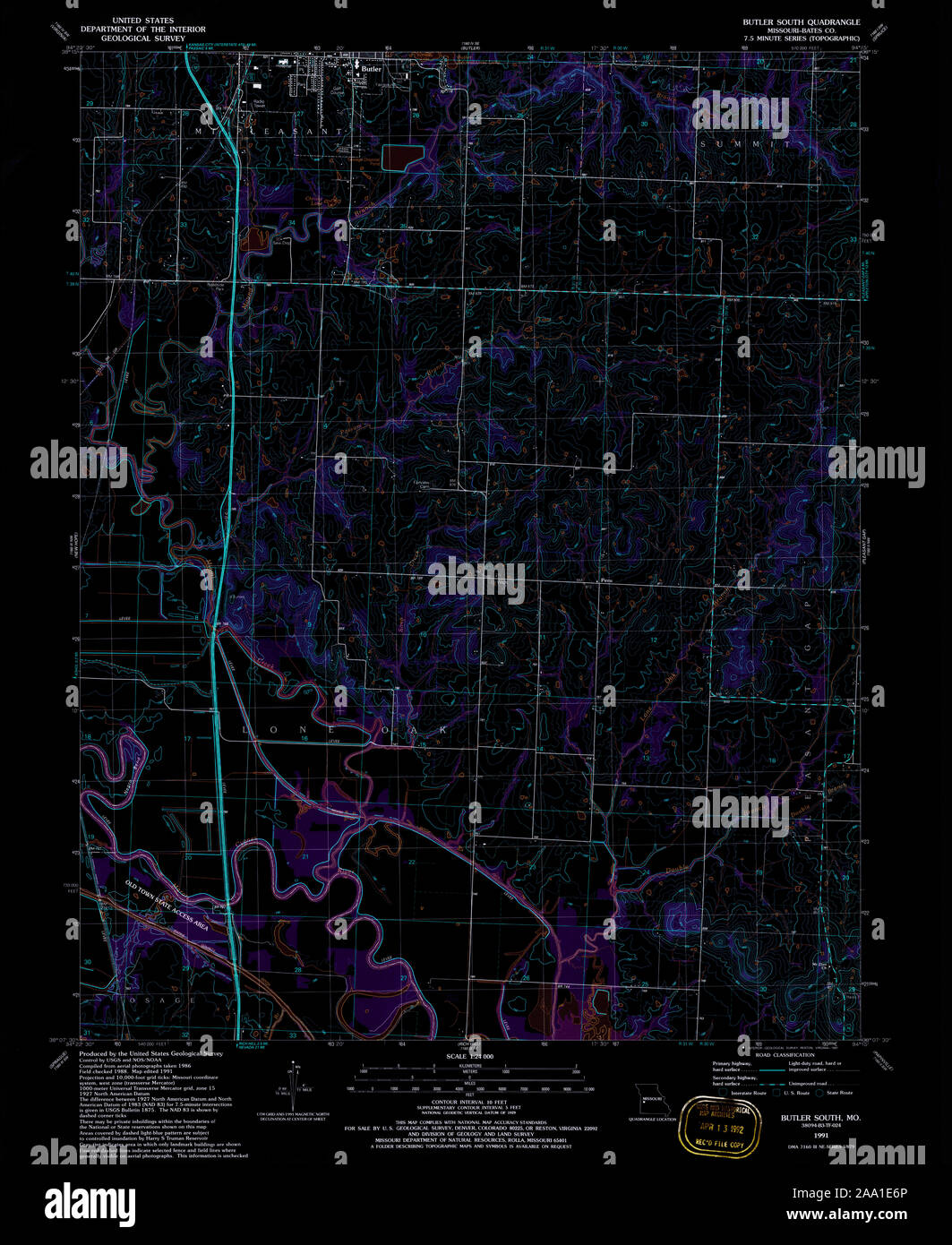 USGS TOPO Map Missouri MO Butler South 322136 1991 24000 Inverted ...