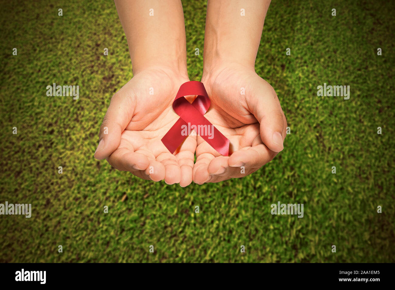 Human hands showing a red ribbon. Hiv Aids ribbon awareness Stock Photo ...