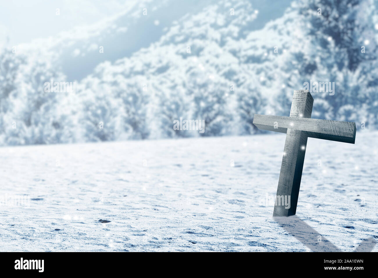 Christian cross on the snow with snowfall background Stock Photo - Alamy