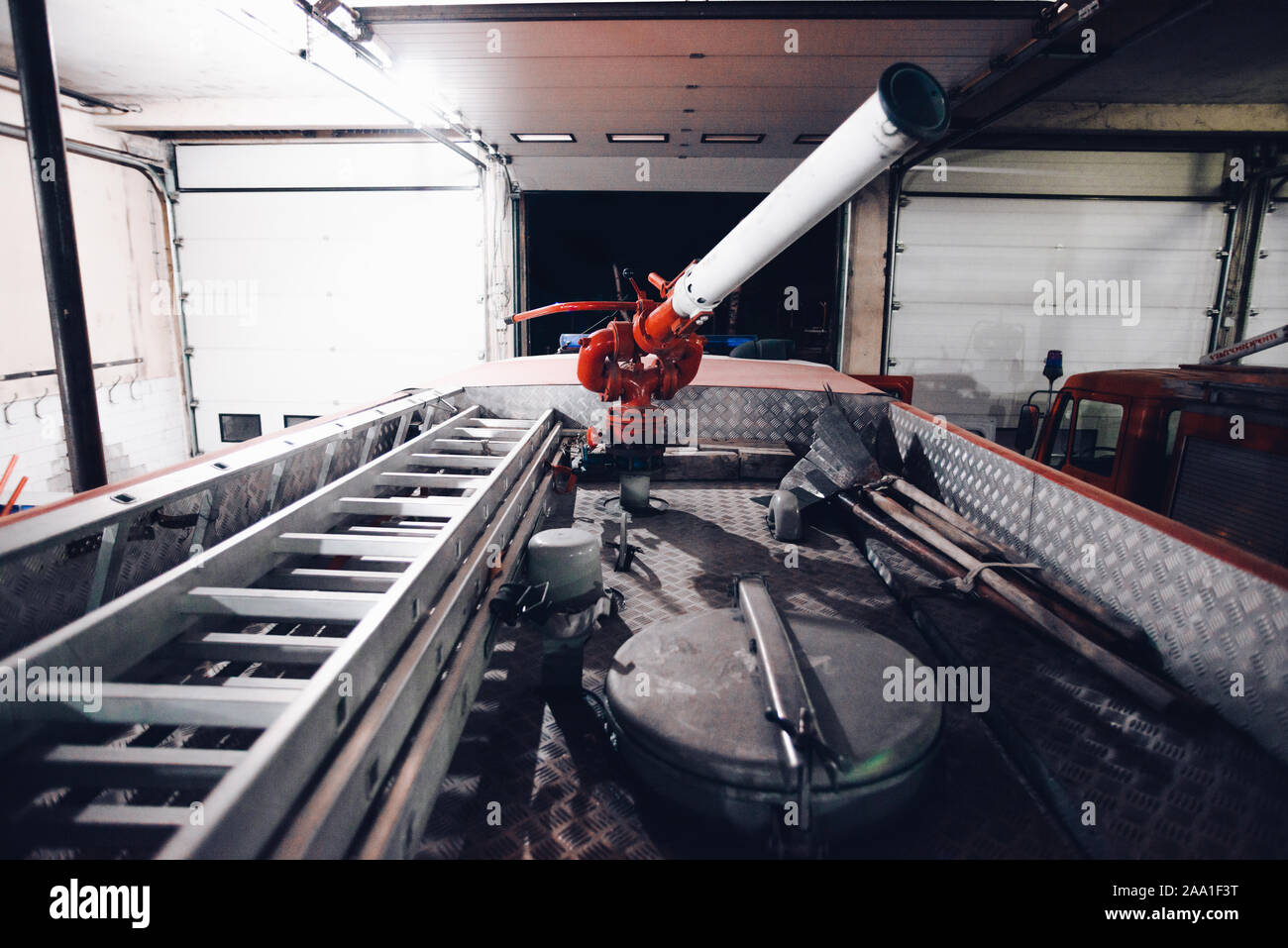 Big water gun used by firefighters during a fire emergency intervention ...