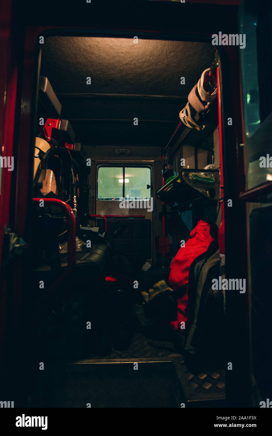 Interior of a fire engine filled with different tools used during ...