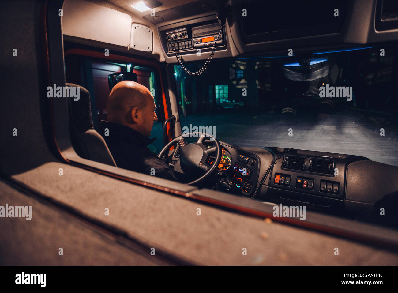View from the inside of firefighting vehicle driven by a fireman Stock ...