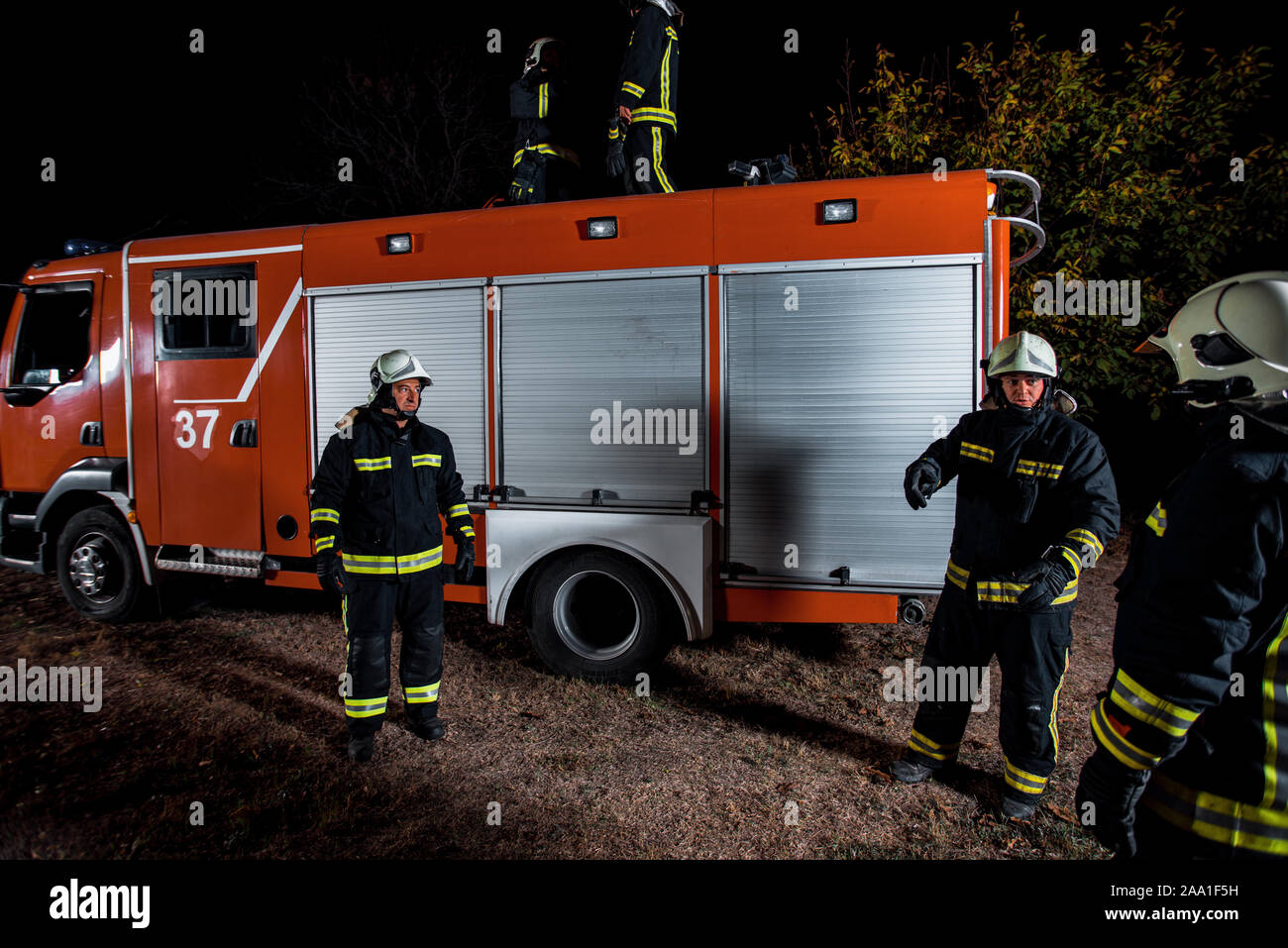Fire brigade during operation in the field at night time Stock Photo ...