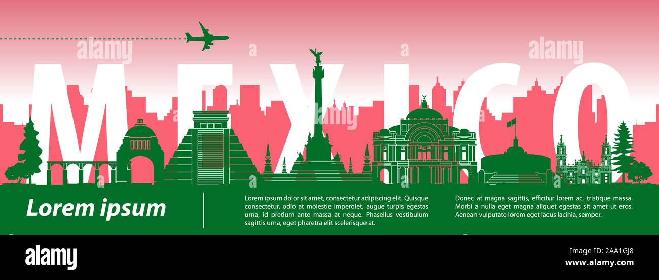 Mexico famous landmark silhouette style with country name and national ...