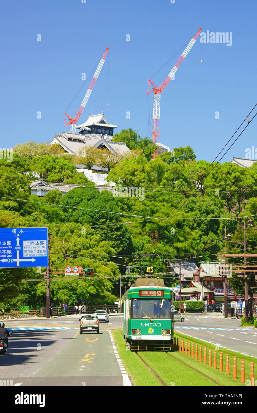 Kumamoto Tram and Kumamoto Castle, Kumamoto Prefecture, Japan Stock ...