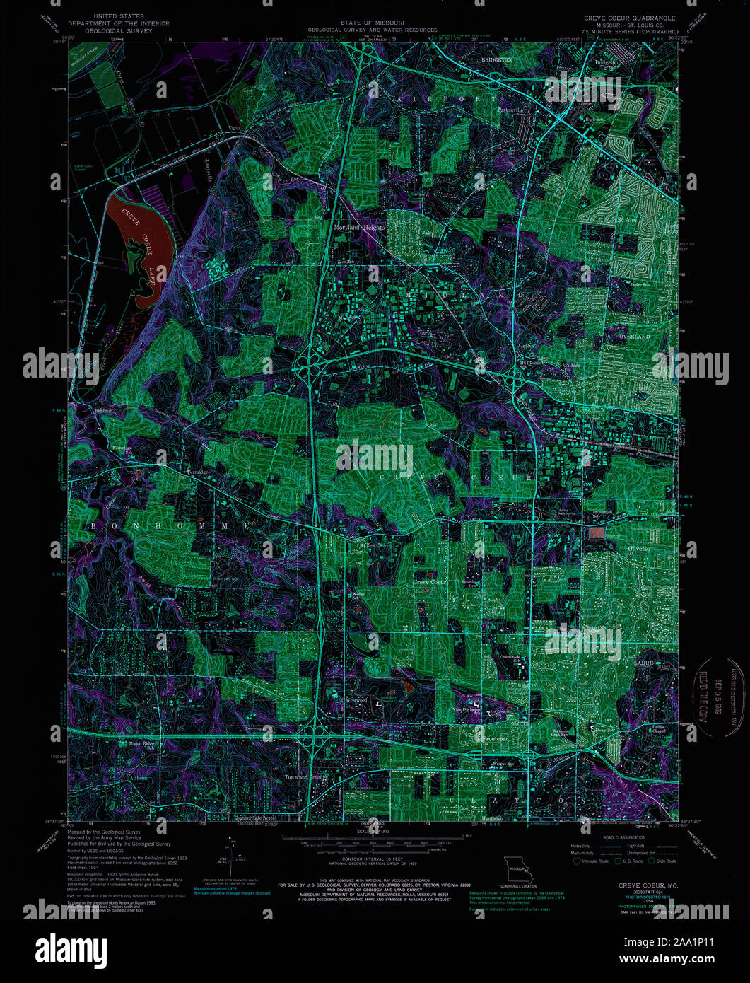 USGS TOPO Map Missouri MO Creve Coeur 322392 1954 24000 Inverted ...
