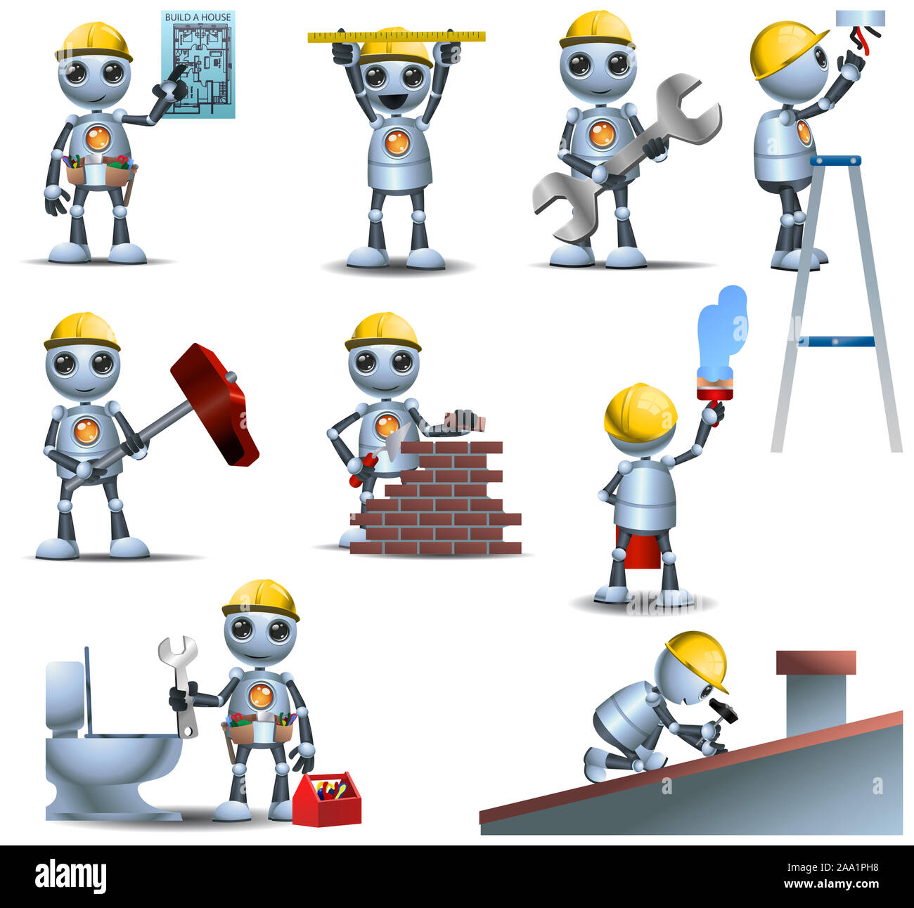 3d illustration of little robot handy robot man working on isolated ...
