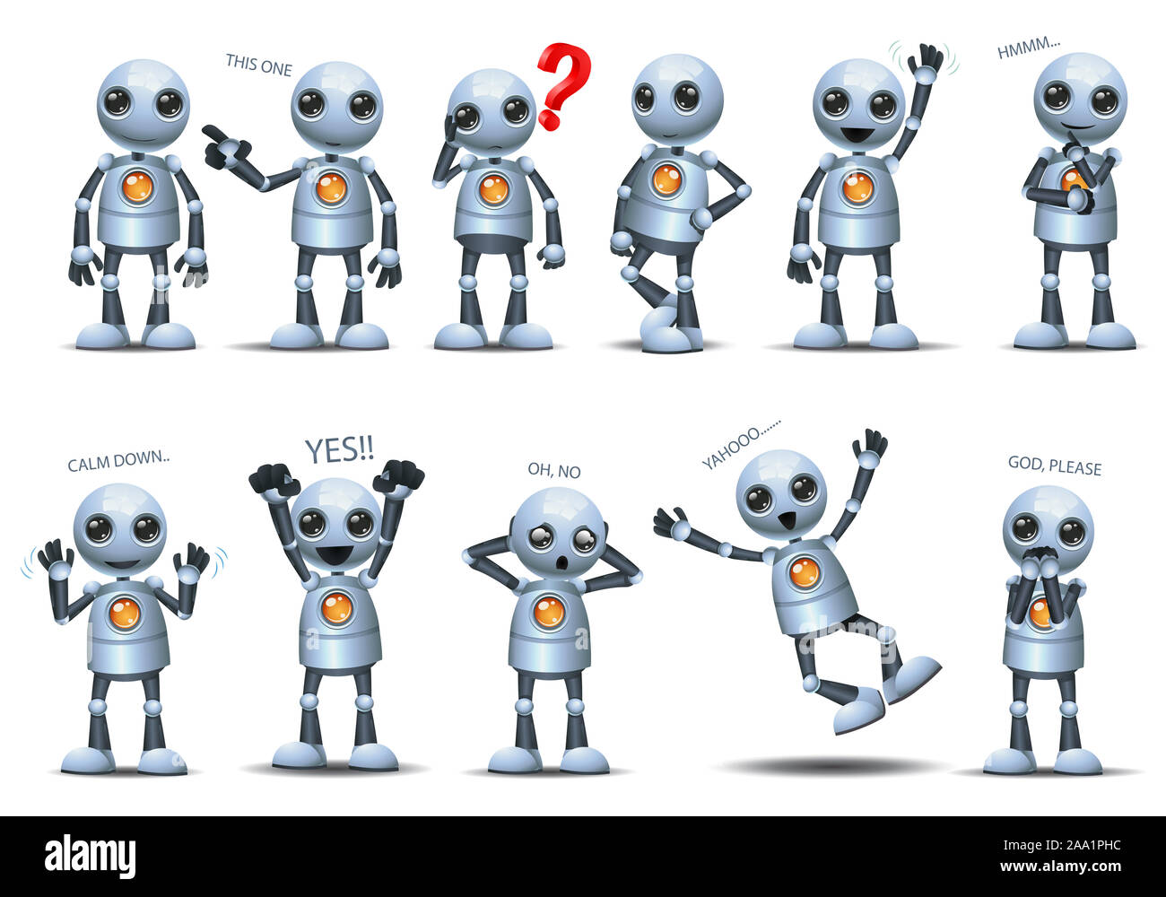 3d illustration of little robot set representing basic posture gesture ...
