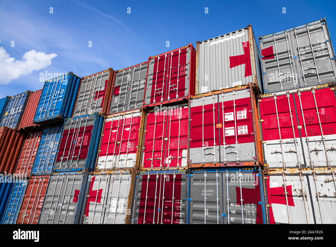 The national flag of Georgia on a large number of metal containers for ...