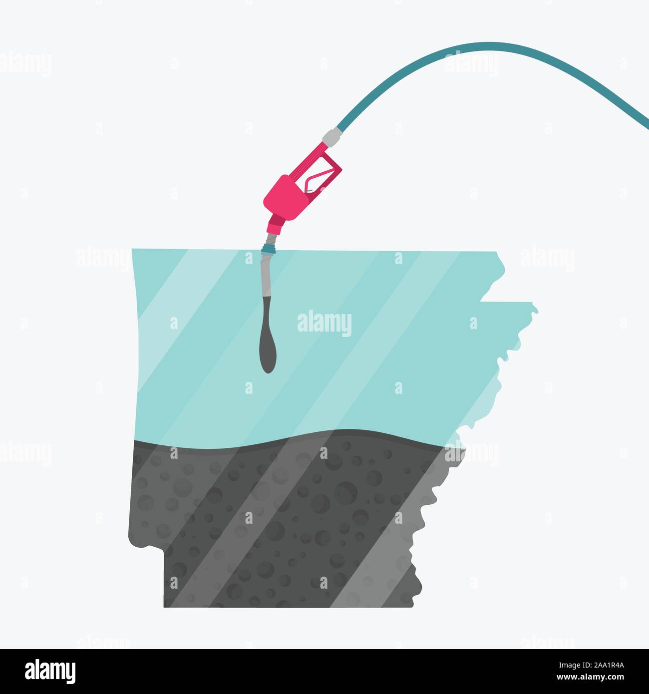 Map Arkansas, in USA, being fueled by oil. Gas pump fueled map. On the ...