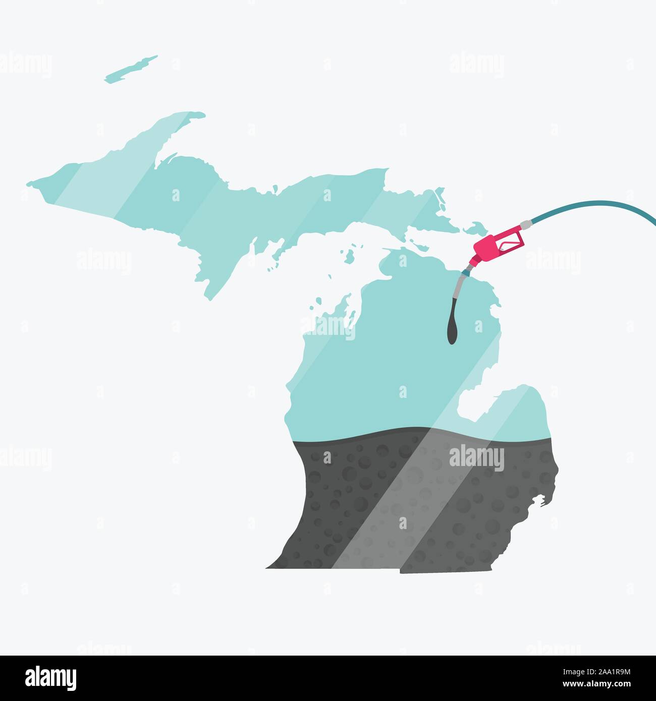 Map of Michigan, in USA, being fueled by oil. Gas pump fueled map. On ...