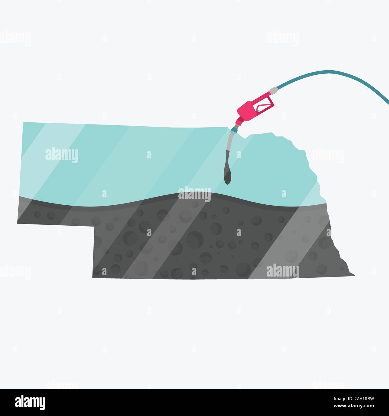 Map Nebraska, in USA, being fueled by oil. Gas pump fueled map. On the ...