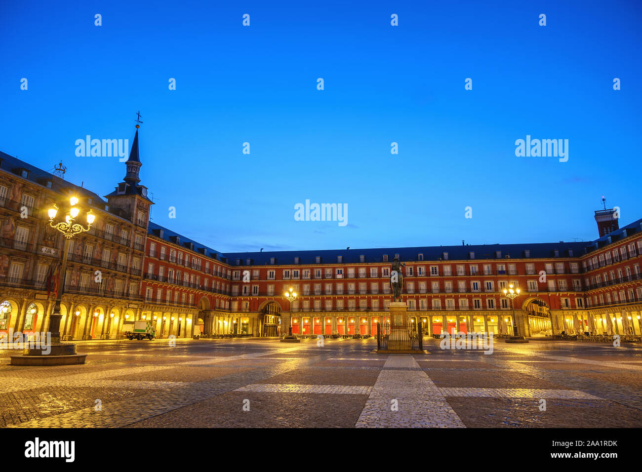 Madrid Spain, night city skyline at Plaza Mayor Stock Photo - Alamy
