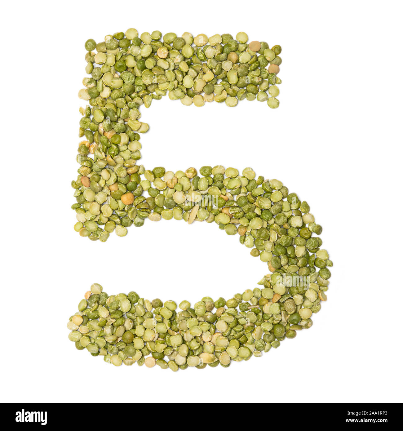Arabic numeral "5" from freshly green chopped peas on a white isolated ...