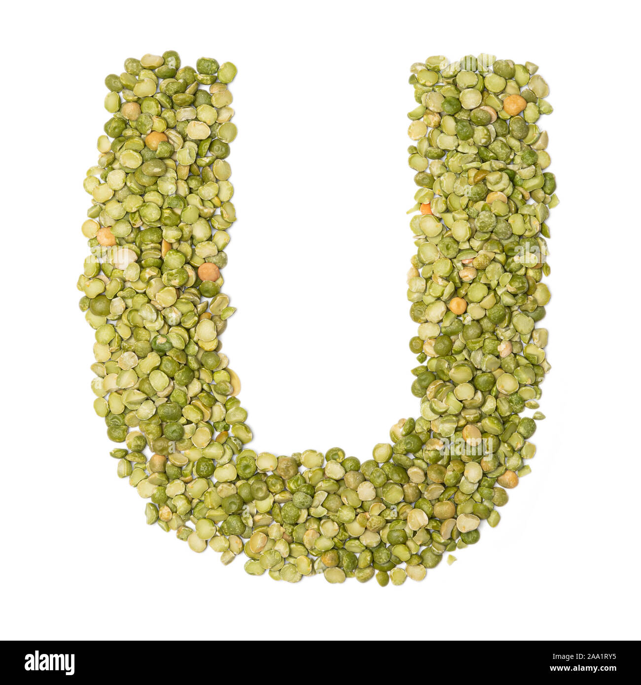 Letter U of the English alphabet of from green chopped peas on a white ...