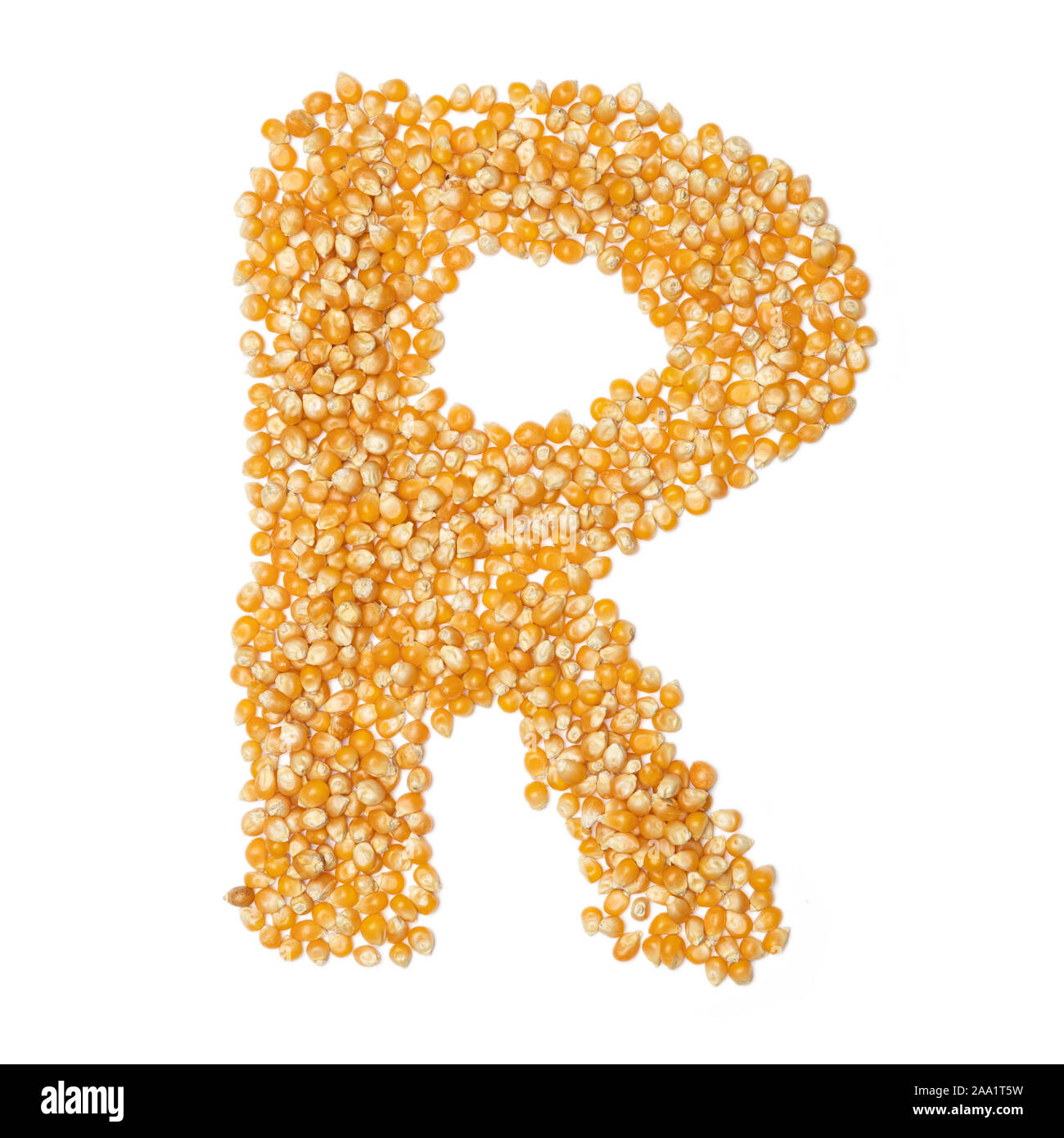 Letter R of the English alphabet from from yellow dry corn on a white ...