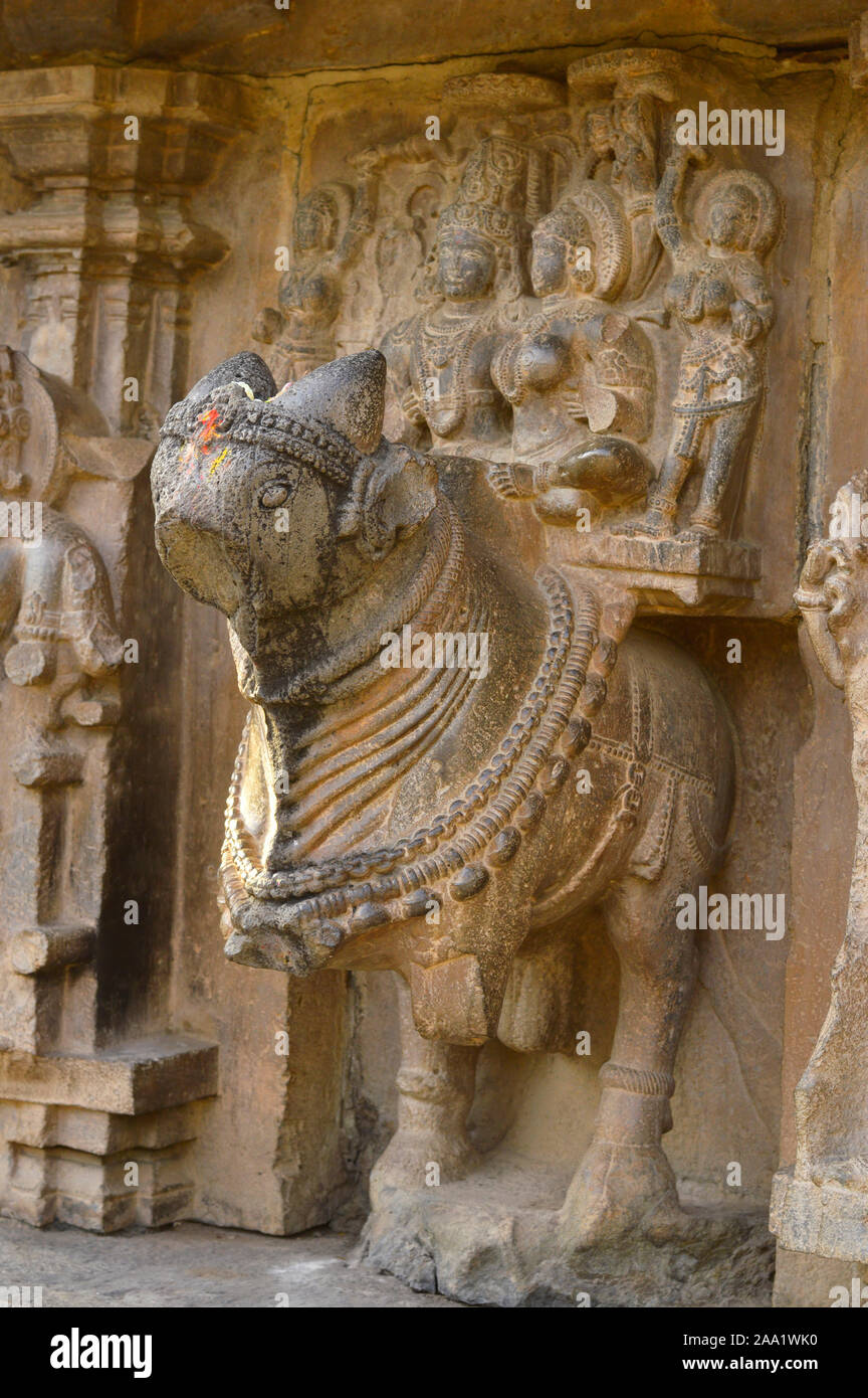 Shiva, Parvati riding the Nandi bull, stone carving on the walls of ...