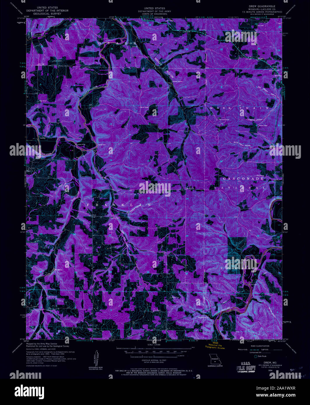 USGS TOPO Map Missouri MO Drew 322514 1954 24000 Inverted Restoration ...