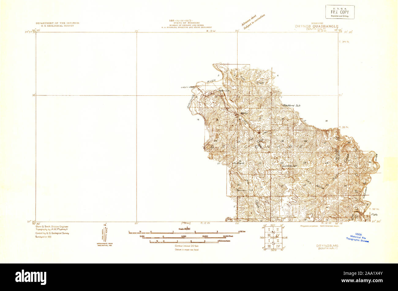 USGS TOPO Map Missouri MO Drynob 324627 1931 48000 Restoration Stock ...