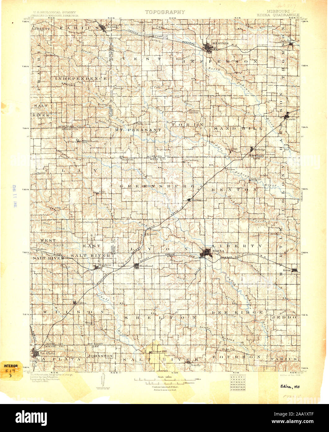 USGS TOPO Map Missouri MO Edina 325445 1903 125000 Restoration Stock ...