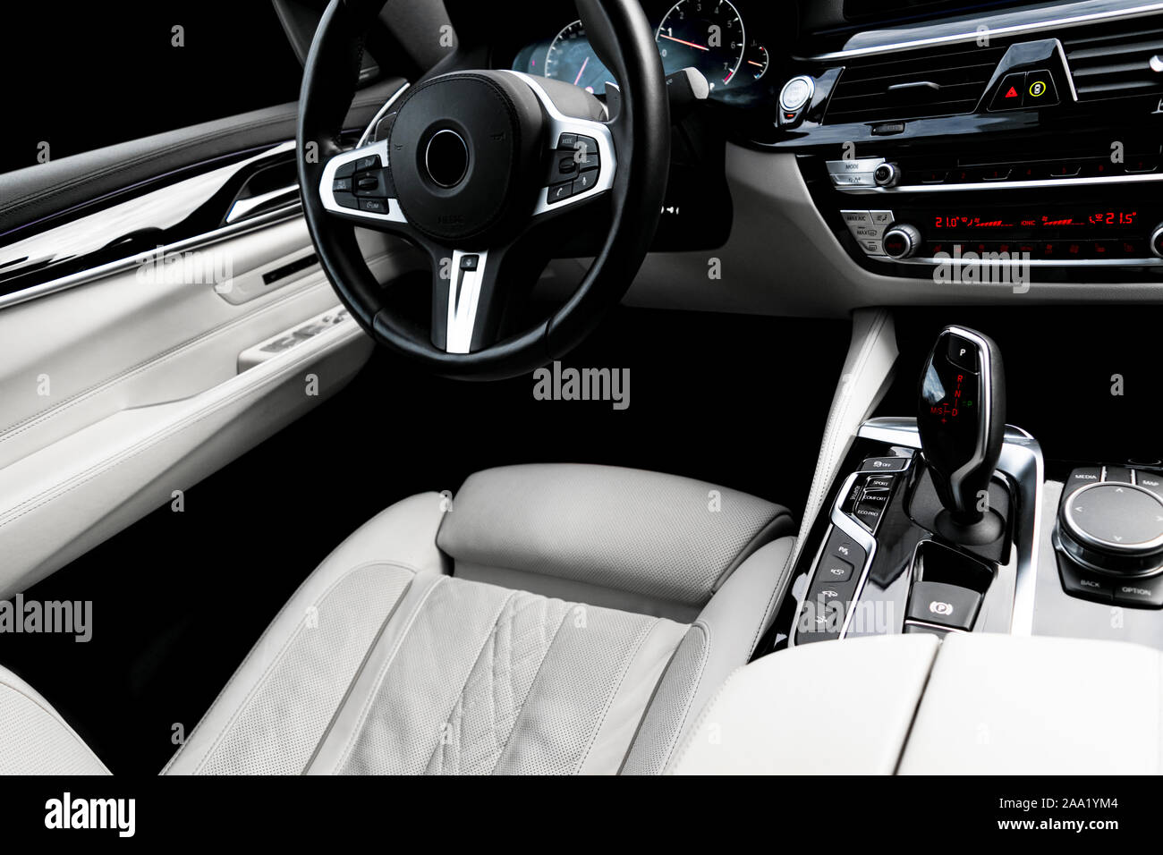 Modern luxury car white leather interior with natural wood panel. Part ...