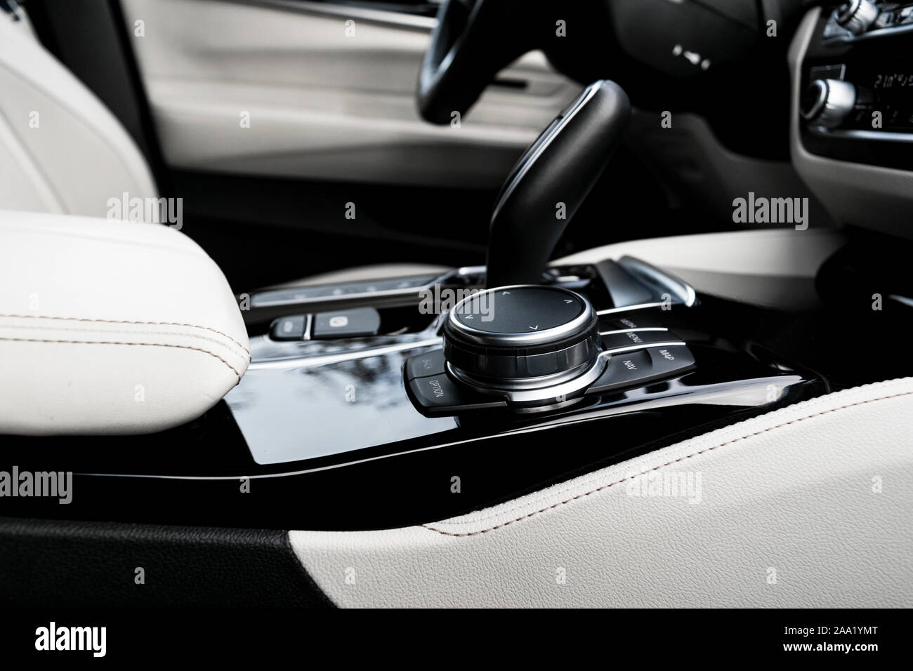 Media and navigation control buttons of a Modern car. Car interior ...