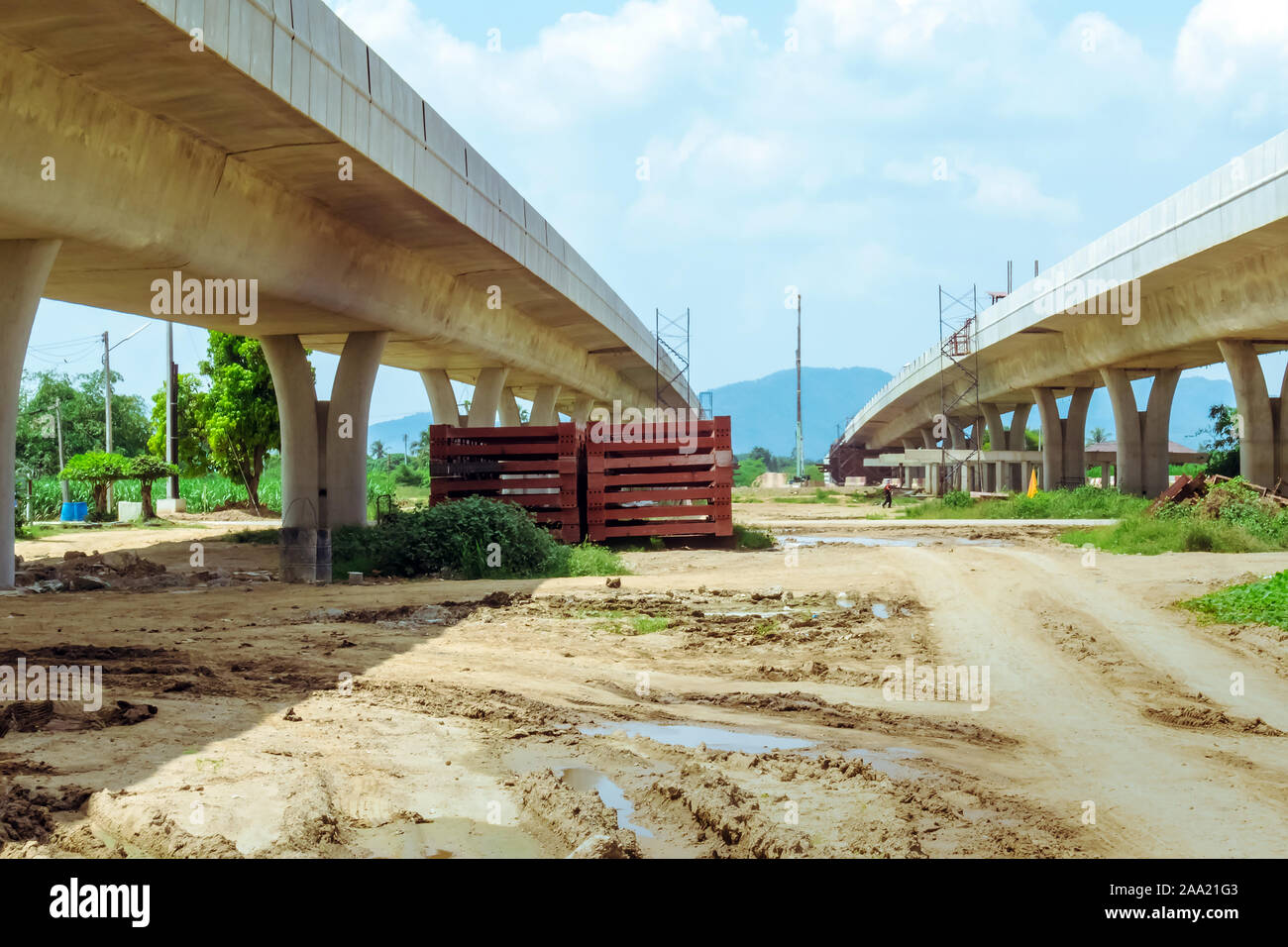 Unfinished of construction of the large concrete bridge of the motorway ...