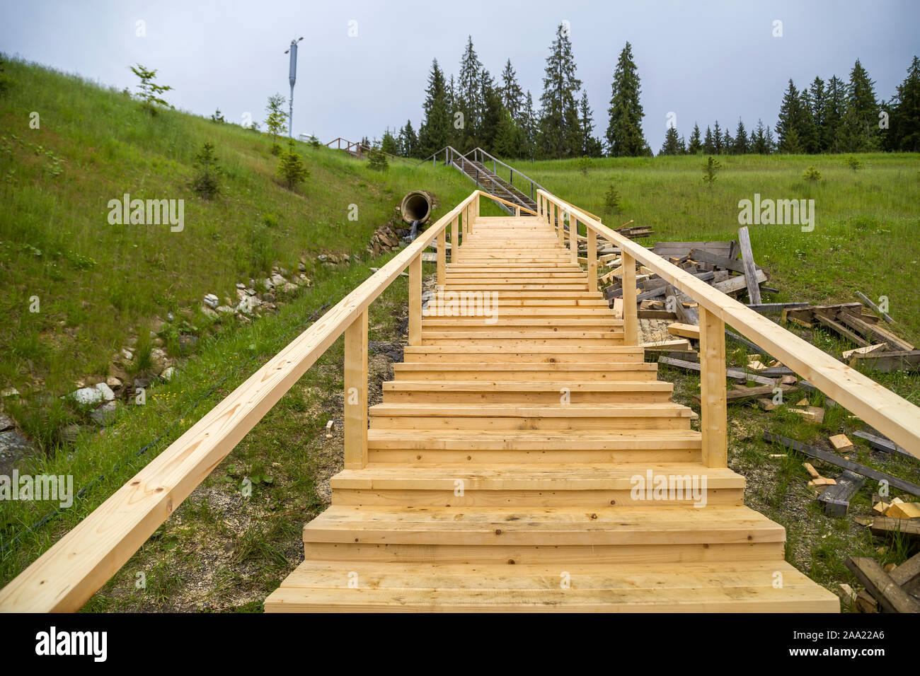 New wooden stairs outdoors. Carpenters work Stock Photo - Alamy