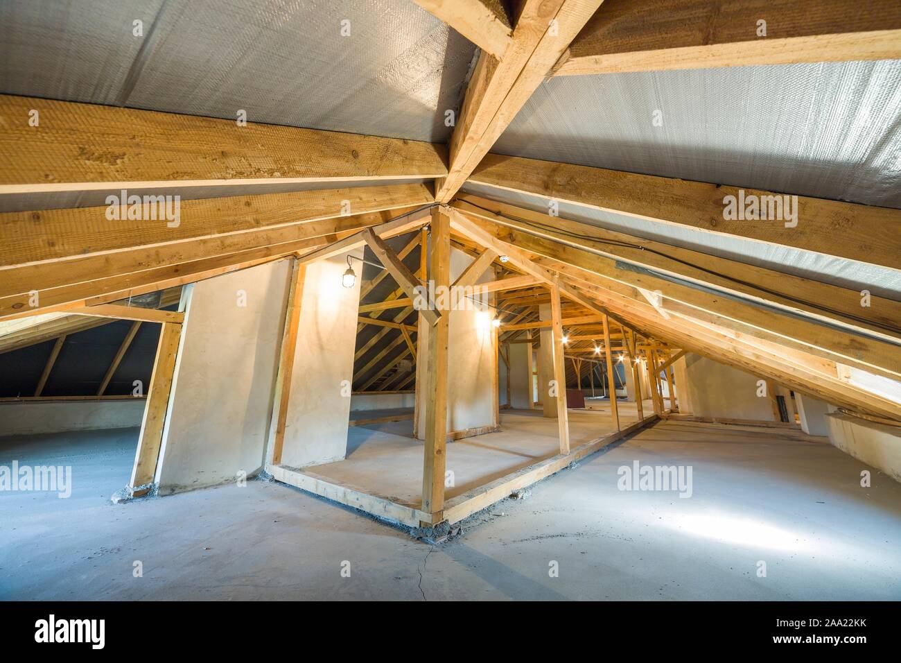 Attic of a building with wooden beams of a roof structure Stock Photo ...