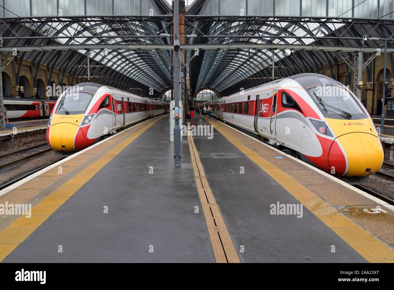 The new LNER Azuma trains built by Hitachi and launched in 2019 seen at Kings Cross Station ...