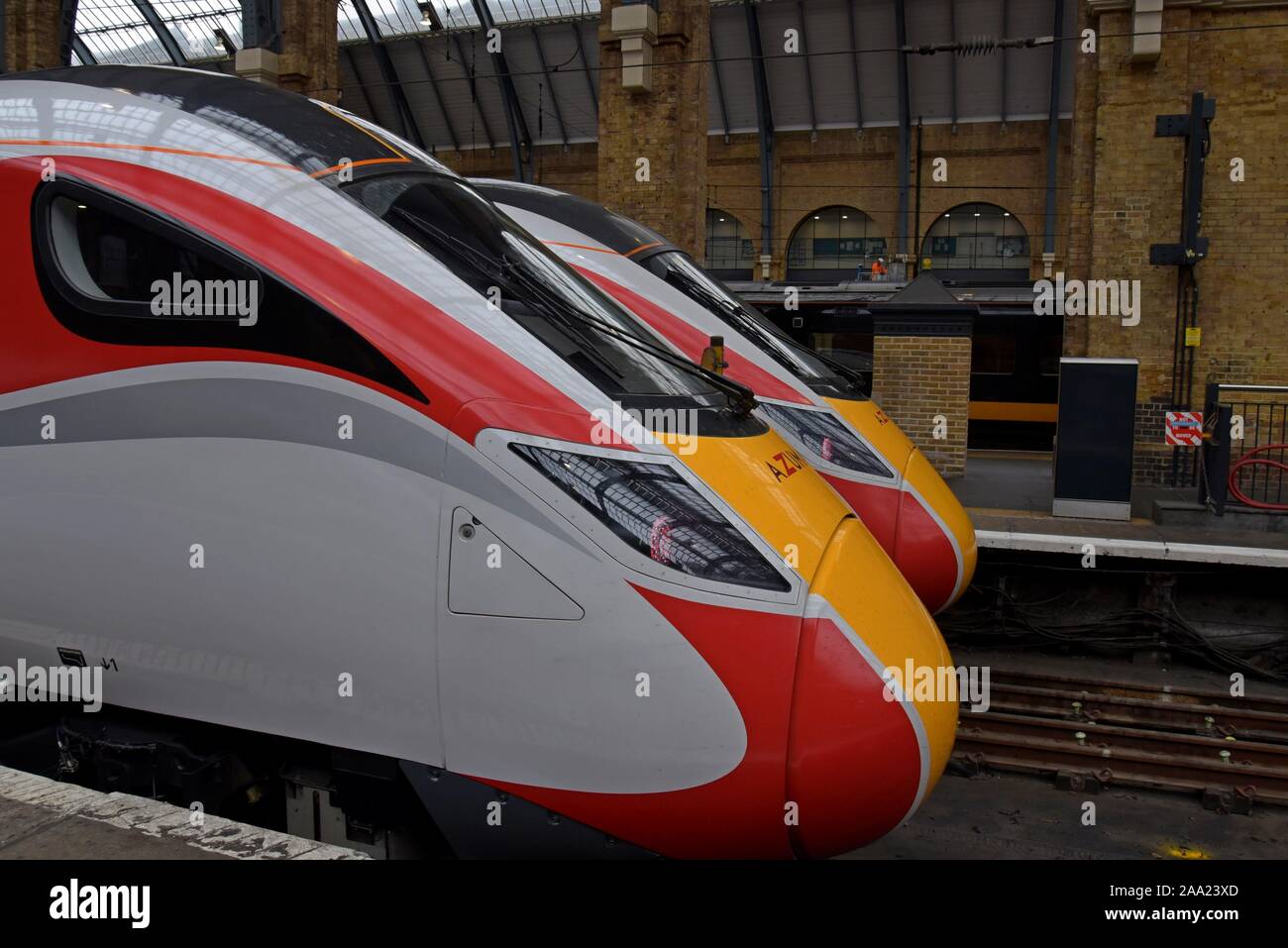 The new LNER Azuma trains built by Hitachi and launched in 2019 seen at Kings Cross Station ...