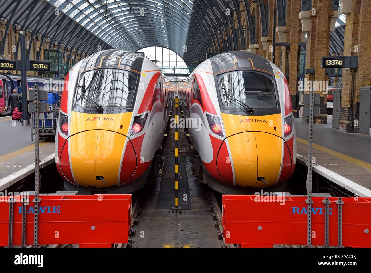 The new LNER Azuma trains built by Hitachi and launched in 2019 seen at the buffer stops at ...