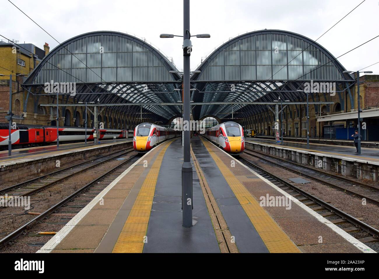 The new LNER Azuma trains built by Hitachi and launched in 2019 seen at Kings Cross Station ...