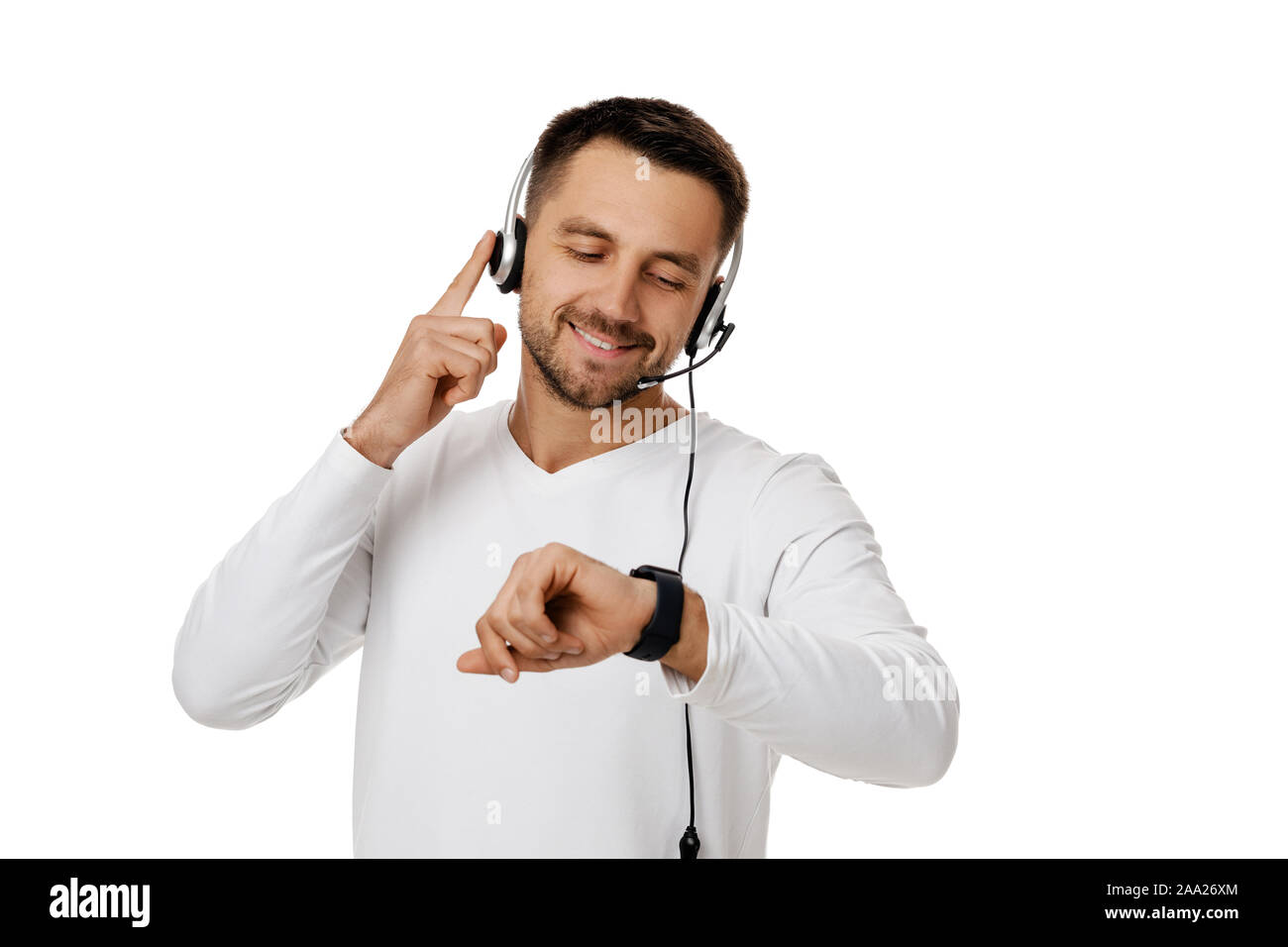 Call center worker man isolated on white background. Young smiling cute ...