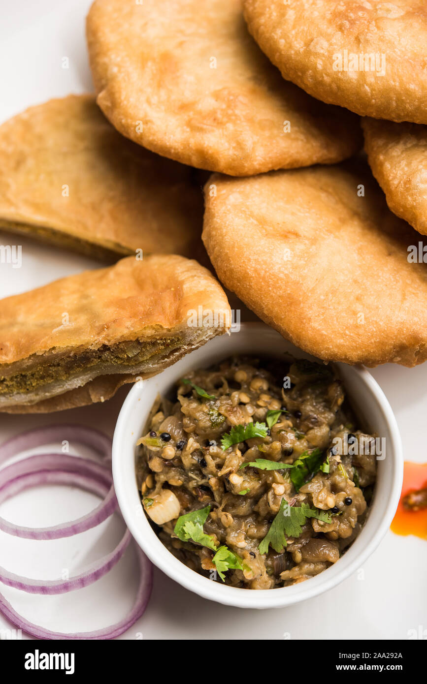 Fried Sattu Litti chokha served with Baingan Bharta, onion and pickle ...