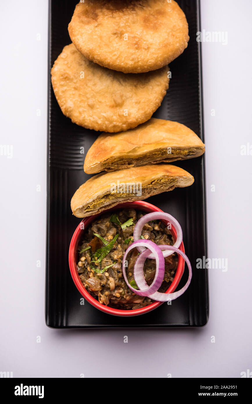 Fried Sattu Litti chokha served with Baingan Bharta, onion and pickle ...