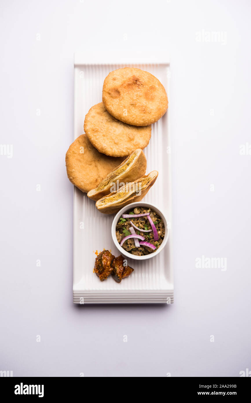 Fried Sattu Litti chokha served with Baingan Bharta, onion and pickle ...