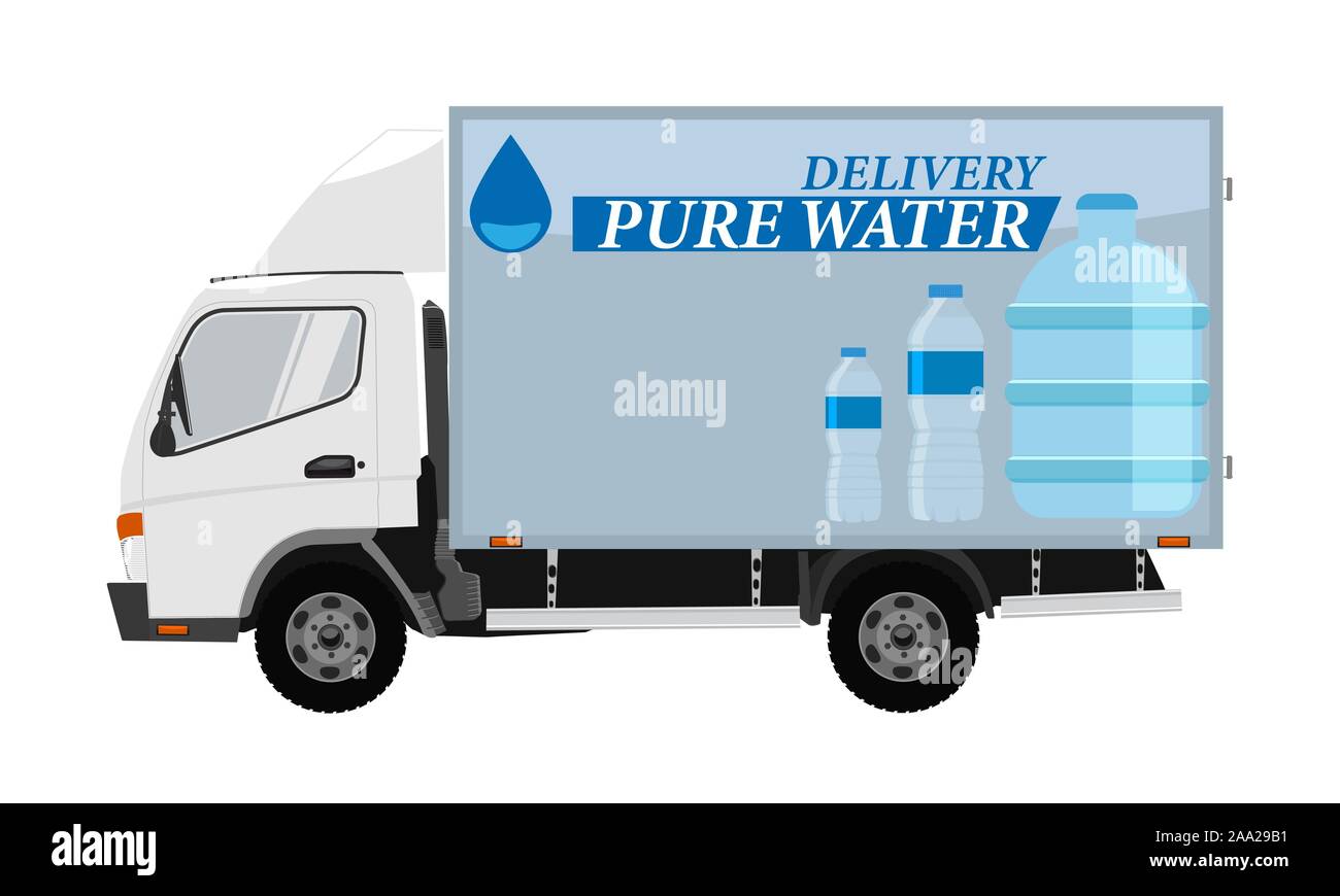 Water delivery car with water bottle advertisement on it. Vector ...