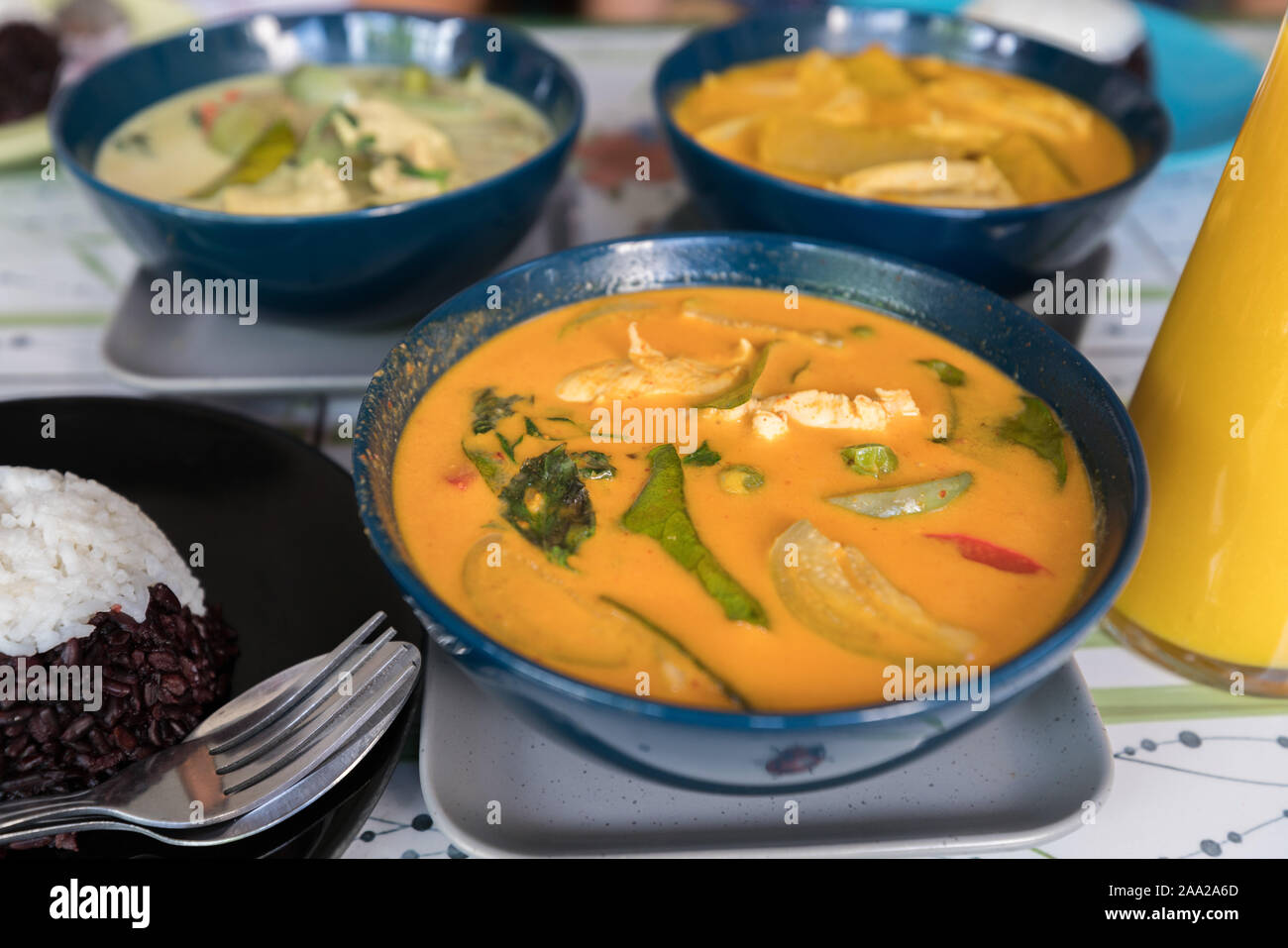 Thailand traditional food: colorful curry and rice for a normal lunch ...