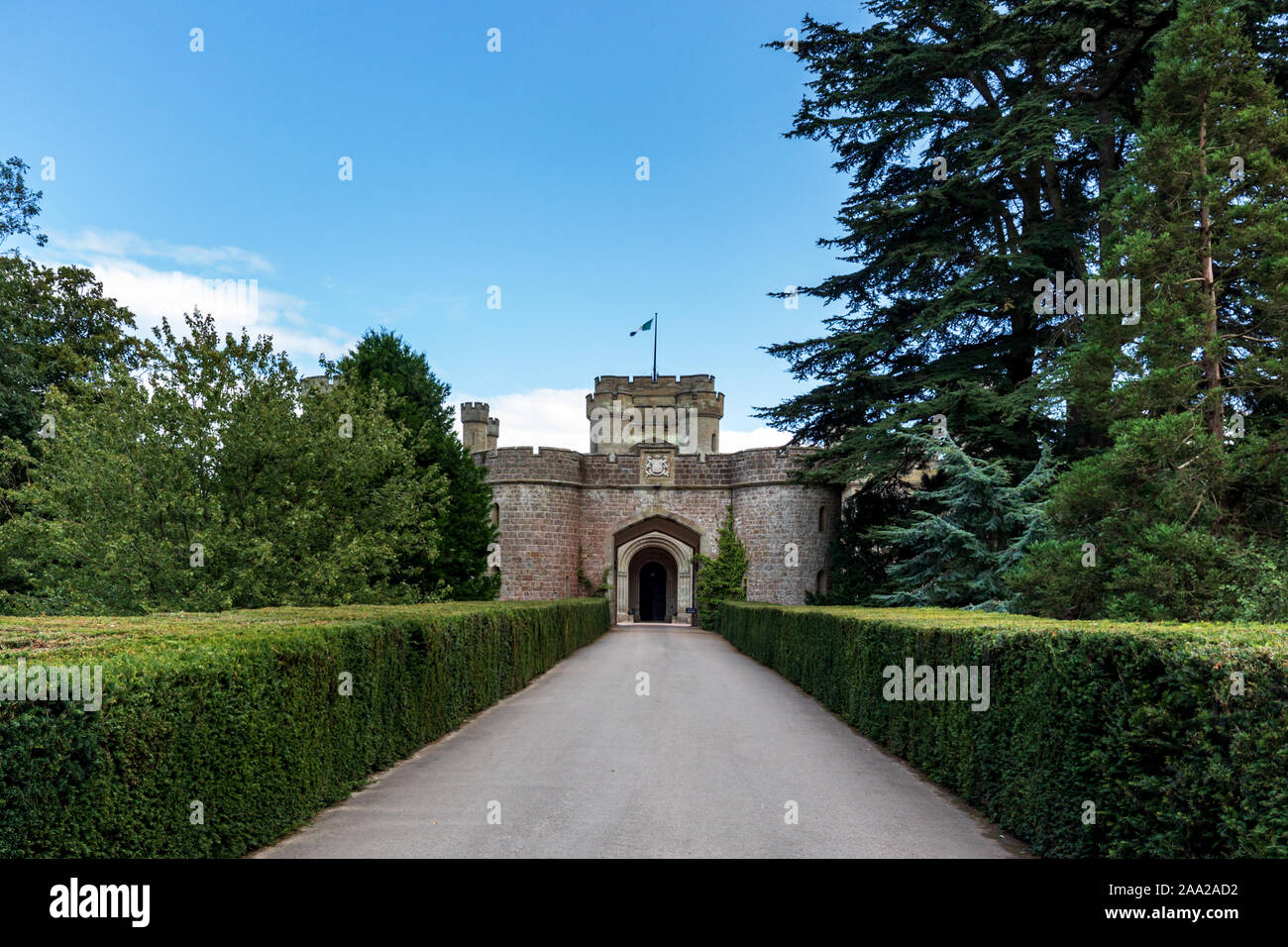 Drive leading towards Eastnor Castle, a 19th-century mock or revival ...
