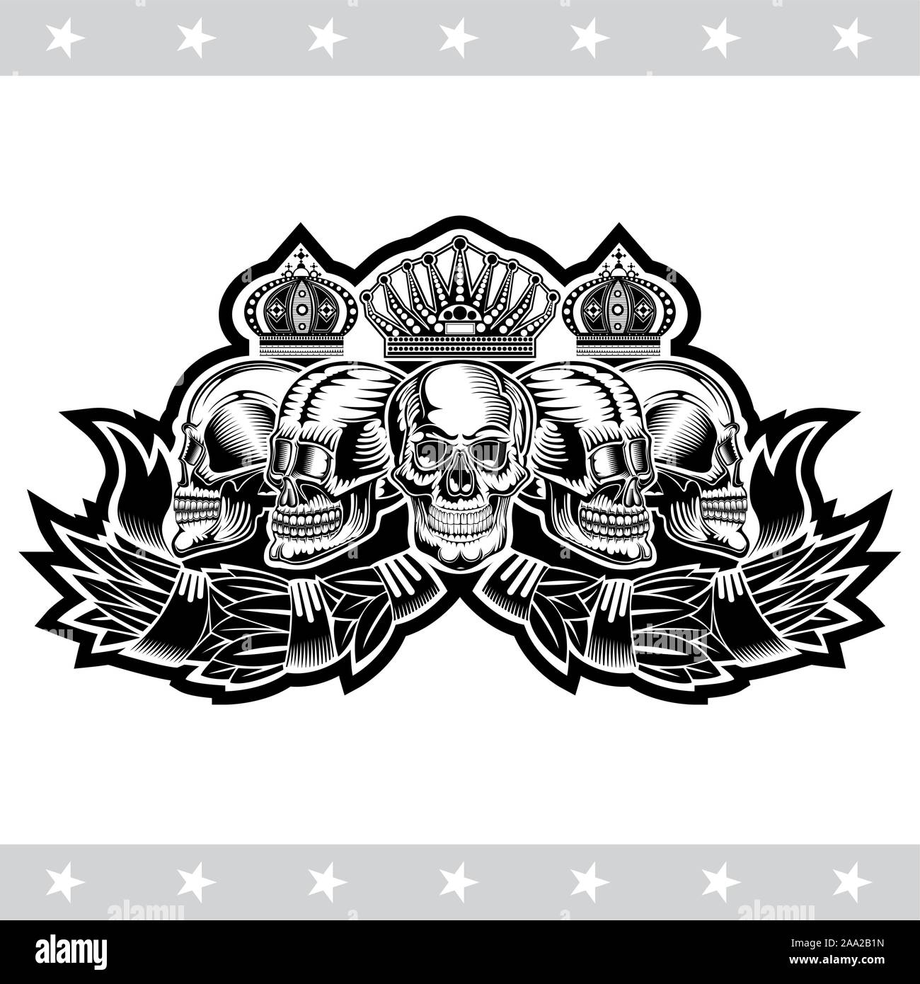 Five skulls different view with crowns on laurel wreath. Heraldic ...
