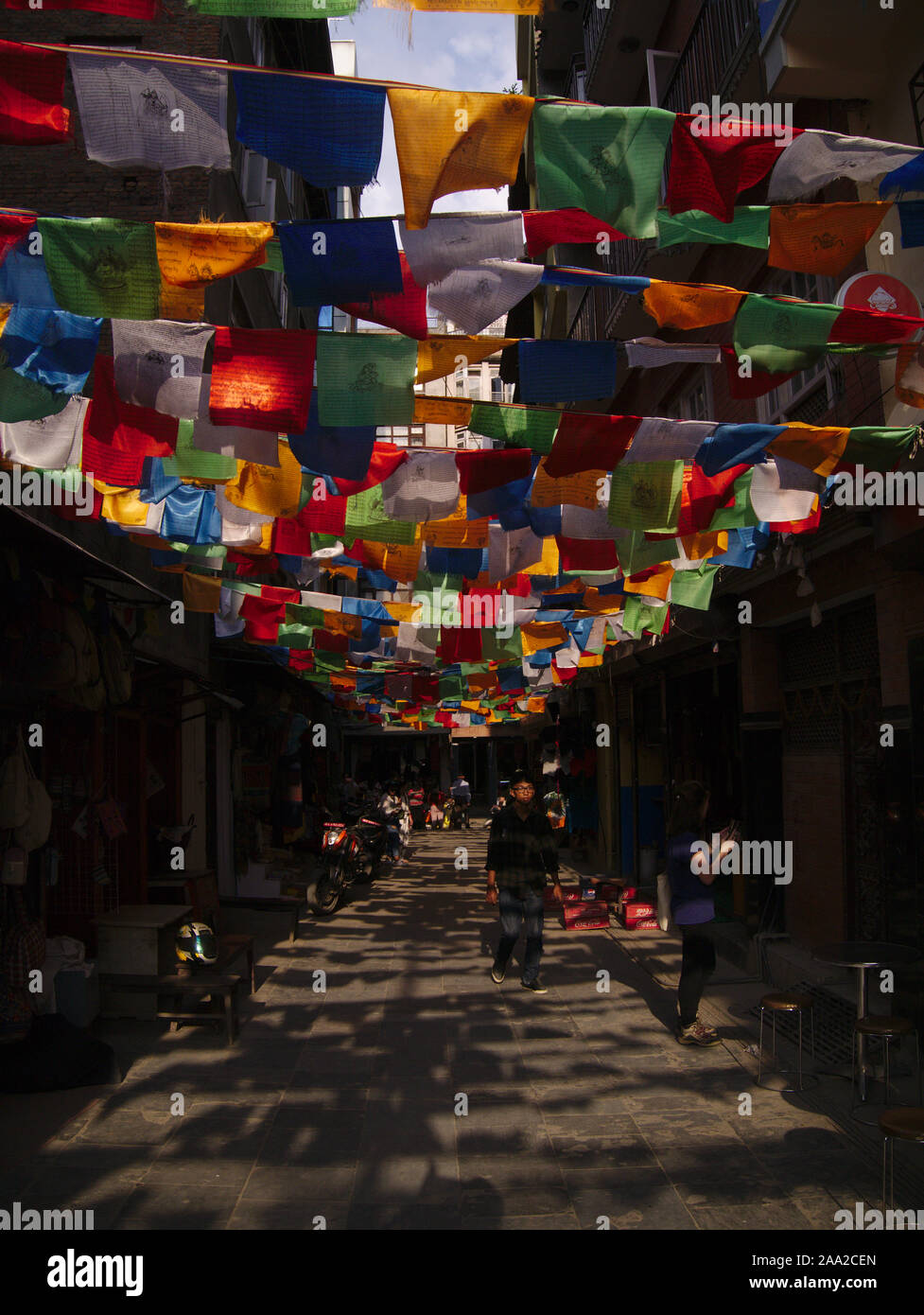 Tibetan Prayer Flags over a market street in Thamel, Kathmandu Stock ...