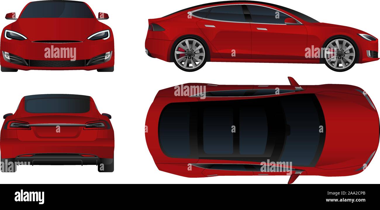 Set of red electric car in front, back, top and side view. Vector ...